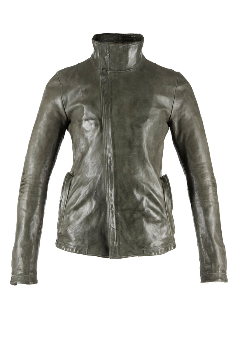 Object Dyed Lined Prosthetic Elbow High Neck Leather Jacket – The ...
